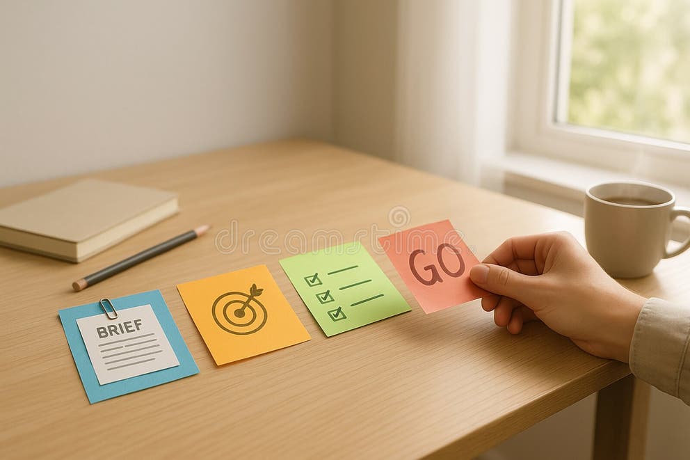 Creative Workflow Steps with Colorful Sticky Notes on a Wooden Desk ...
