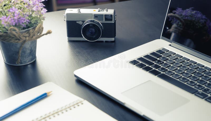 Creative Working Desk with Notebook and Camera Stock Image - Image of ...