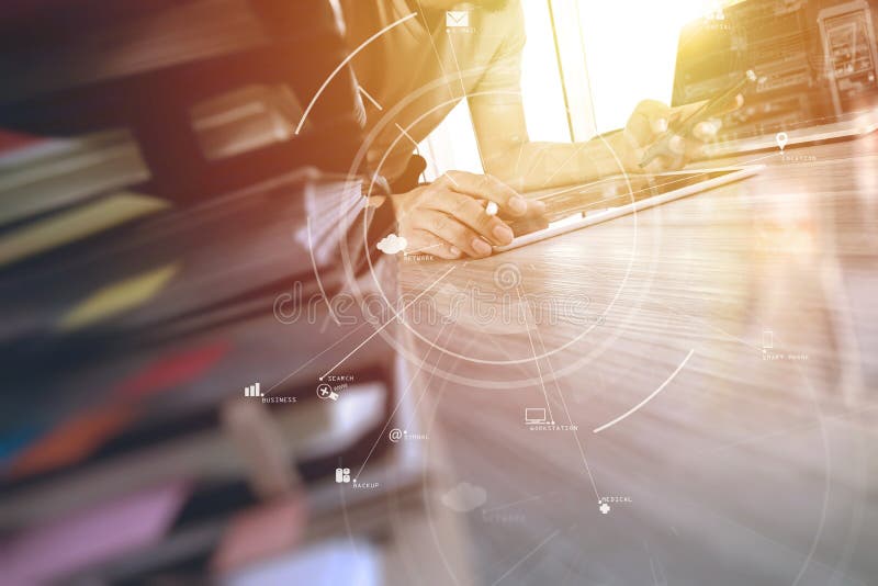 Creative Working with Mobile Phone and Digital Tablet and Laptop Stock ...