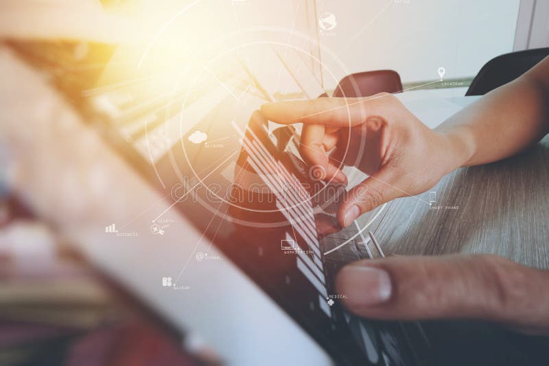 Creative Working with Mobile Phone and Digital Tablet and Laptop Stock ...