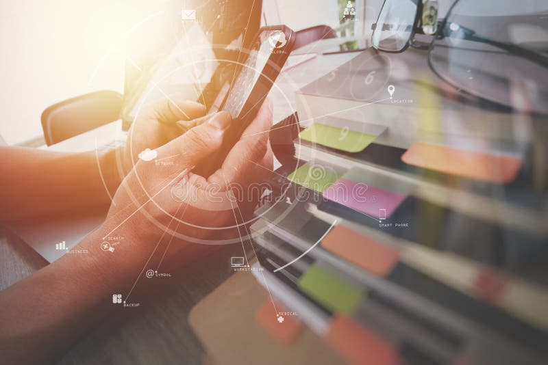 Creative Working with Mobile Phone and Digital Tablet and Laptop Stock ...