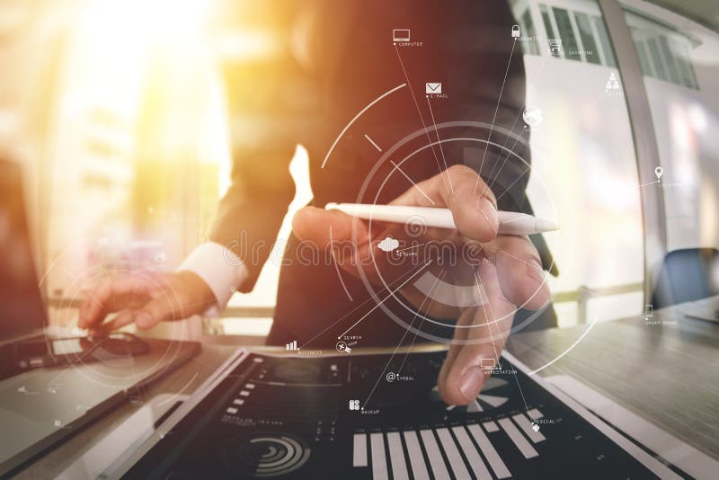 Creative Working with Mobile Phone and Digital Tablet and Laptop Stock ...