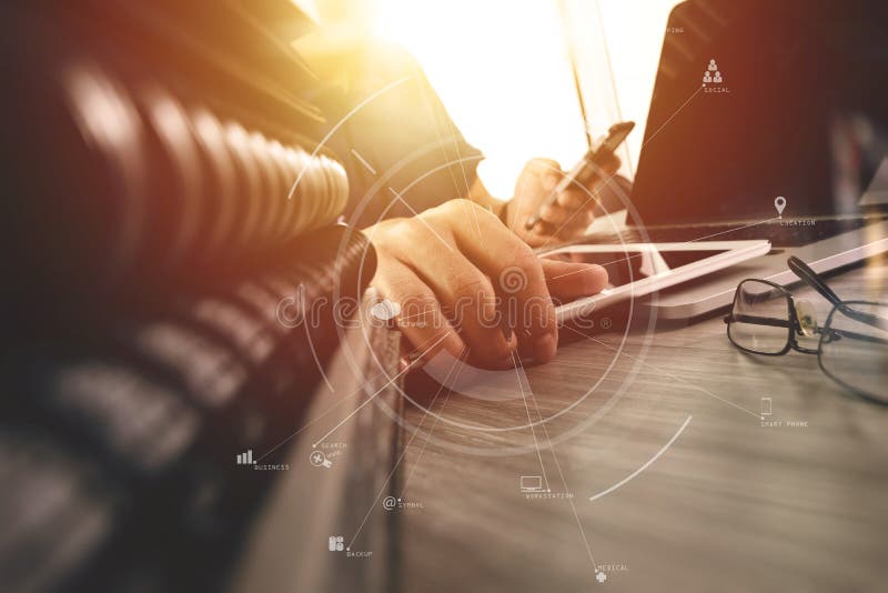 Creative Working with Mobile Phone and Digital Tablet and Laptop Stock ...