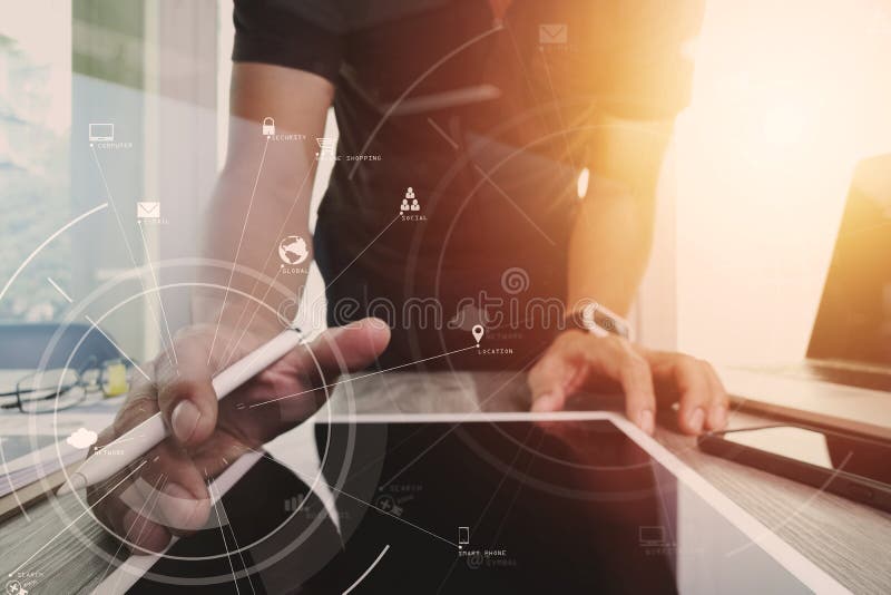 Creative Working with Mobile Phone and Digital Tablet and Laptop Stock ...