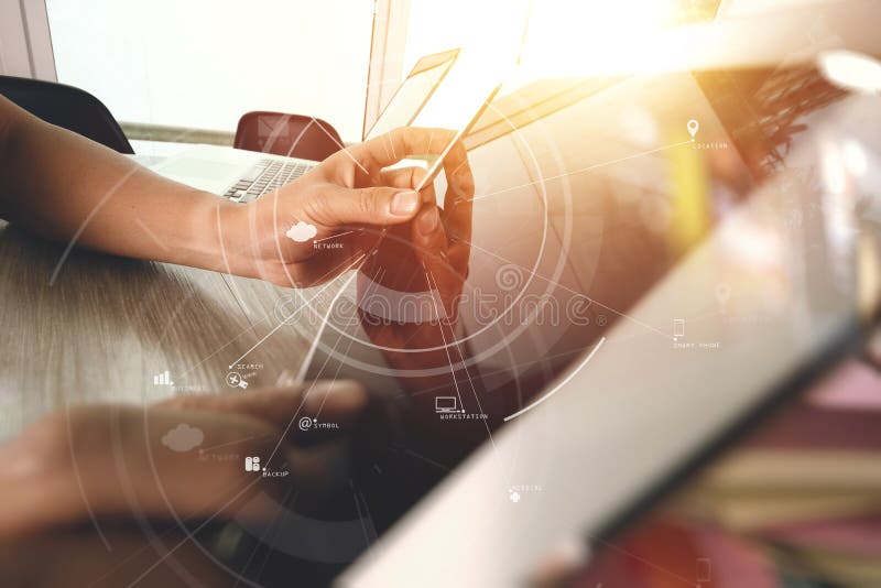 Creative Working with Mobile Phone and Digital Tablet and Laptop Stock ...