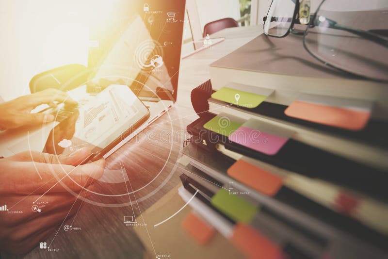 Creative Working with Digital Computer and Book with Document on Stock ...