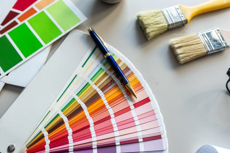 Creative Workplace Color Palette with Notepad, Brush. Modern Graphic ...