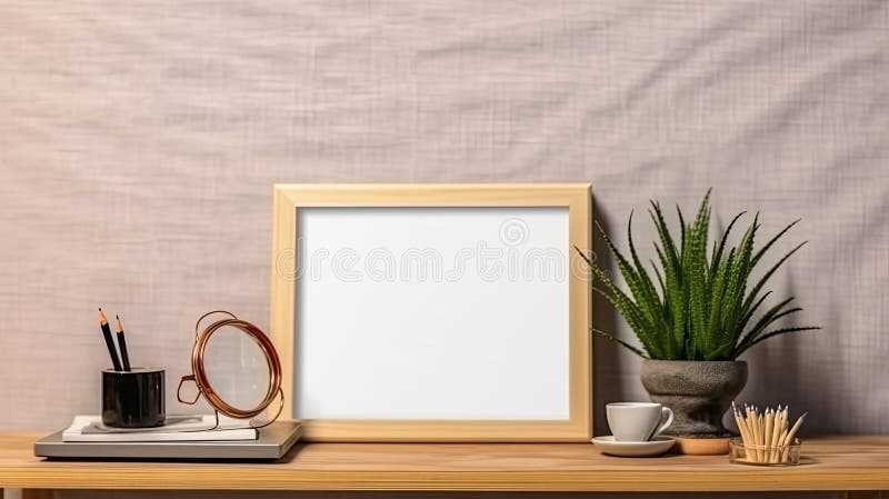 Creative Workplace, Empty Picture Frame, Coffee Cup and Supplies on ...