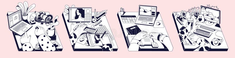 Creative Workplaces Set. Laptop Computers on Desk with Hands during ...