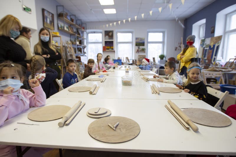 Creative Workshop. a Group of Children at a Clay Modeling Master Class ...