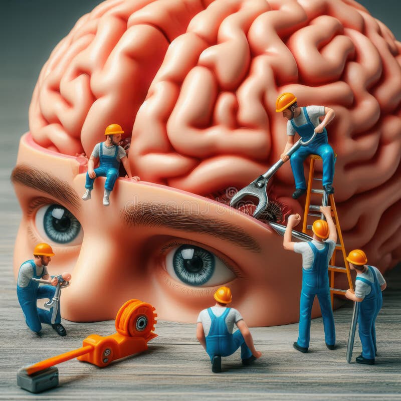 Creative Workshop with Miniature Workers Repairing a Giant Brain in a ...