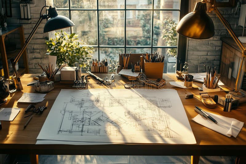 Creative Workspace with Architectural Plans and Drafting Tools during ...