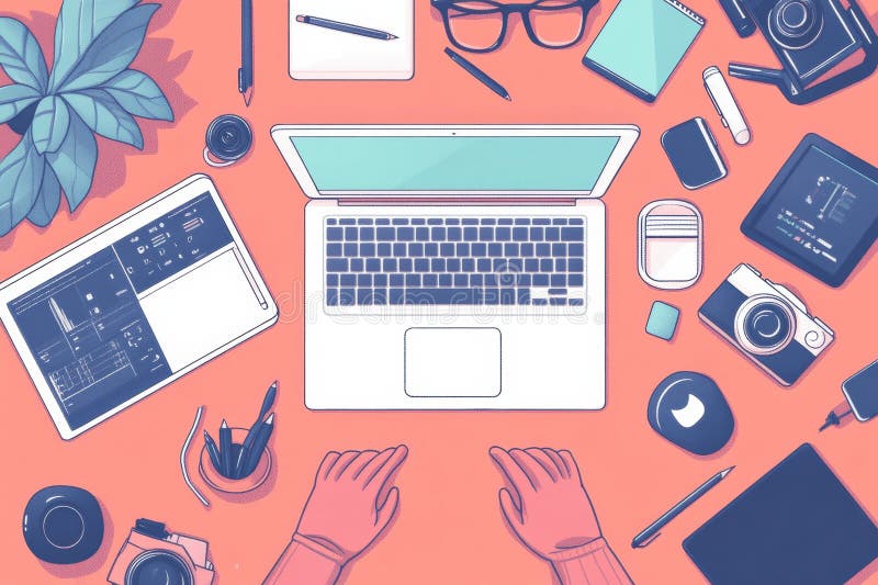 Creative Workspace Arrangement with Laptop, Notepad, and Camera on a ...