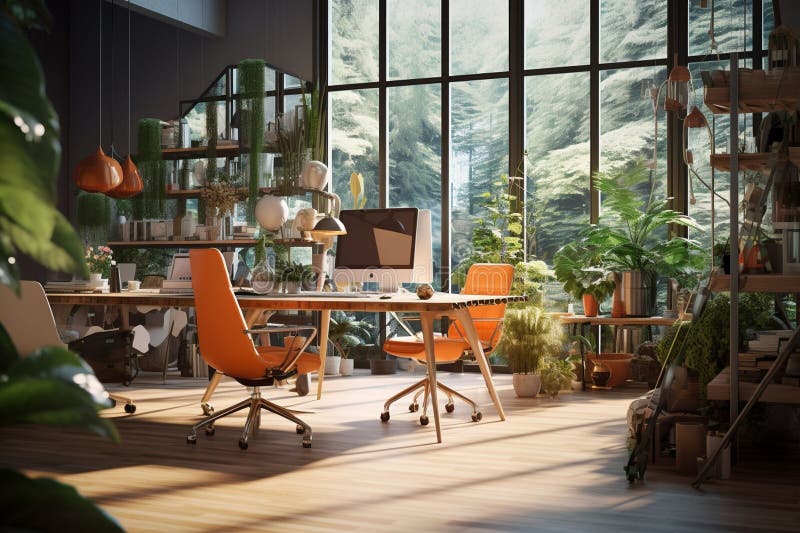 Creative Workspace with Art and Plants in a Stock Illustration ...