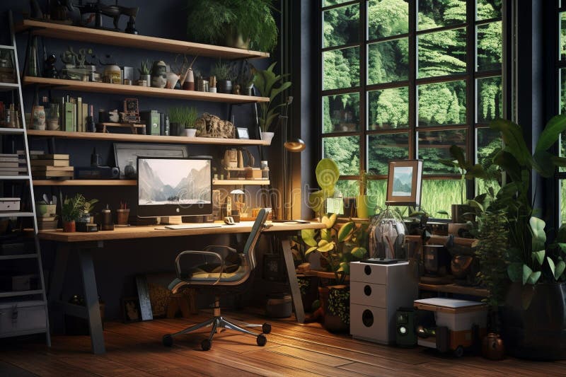 Creative Workspace with Art and Plants in a Stock Illustration ...