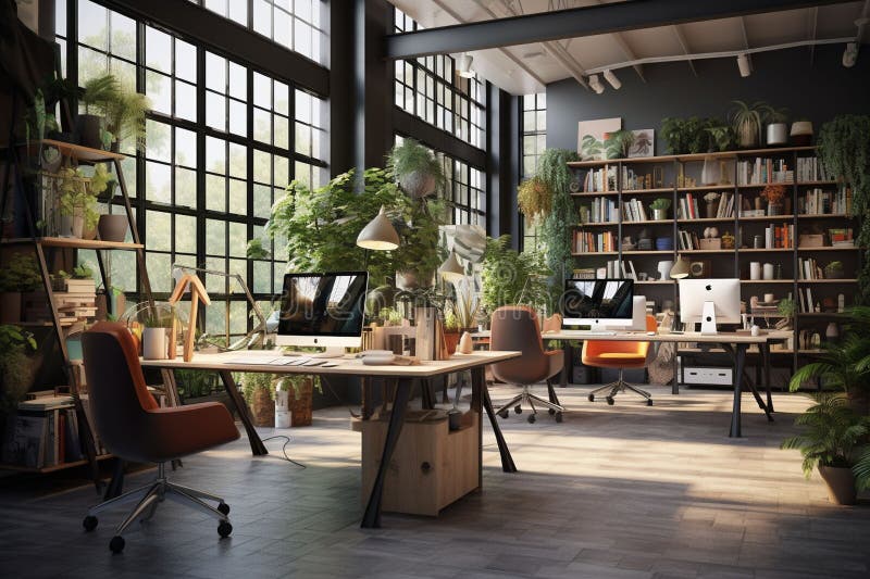 Creative Workspace with Art and Plants in a Stock Illustration ...