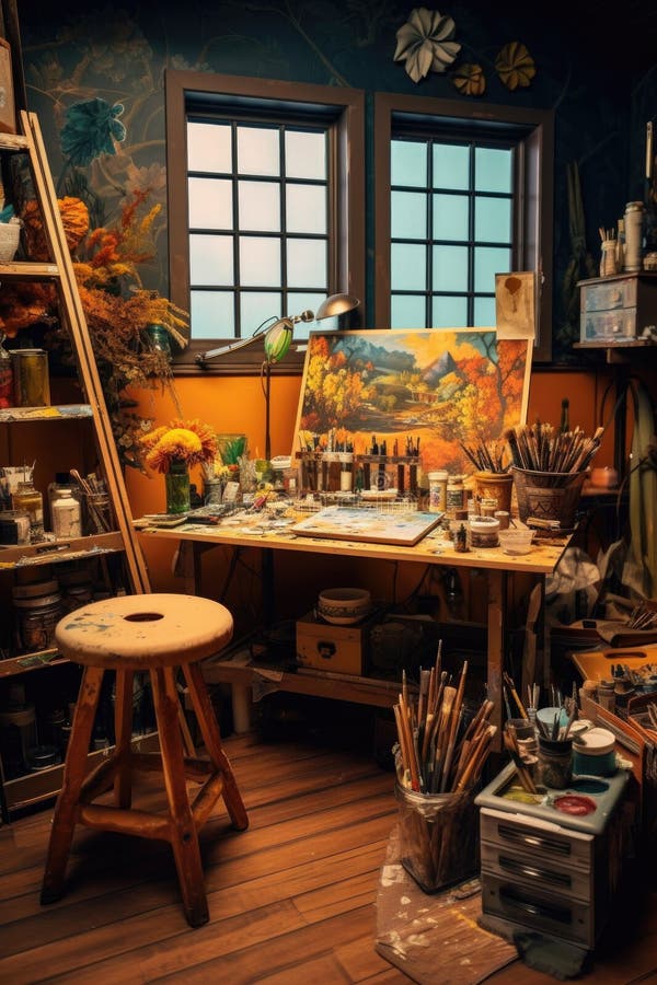 Creative Workspace with Art Supplies Stock Image - Image of generated ...