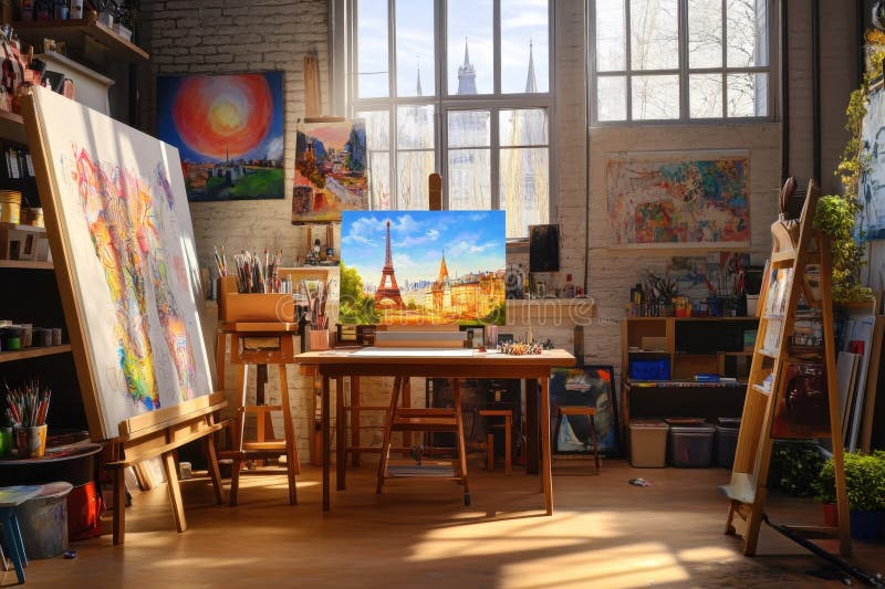 Creative Workspace with Artwork and a View of the Eiffel Tower in a ...