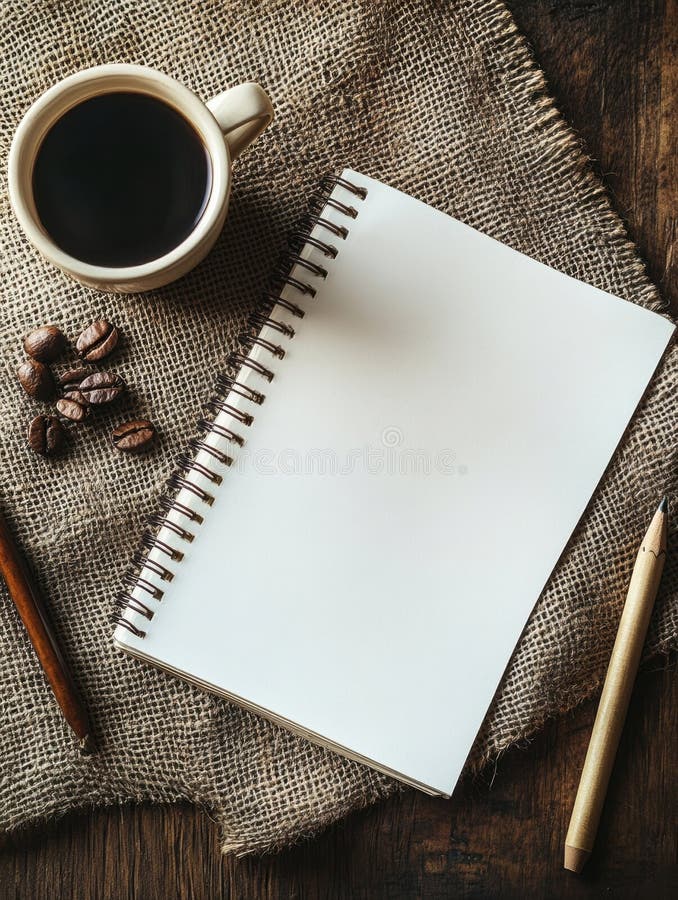 Creative Workspace with Blank Notebook and Coffee Cup on Rustic Table ...