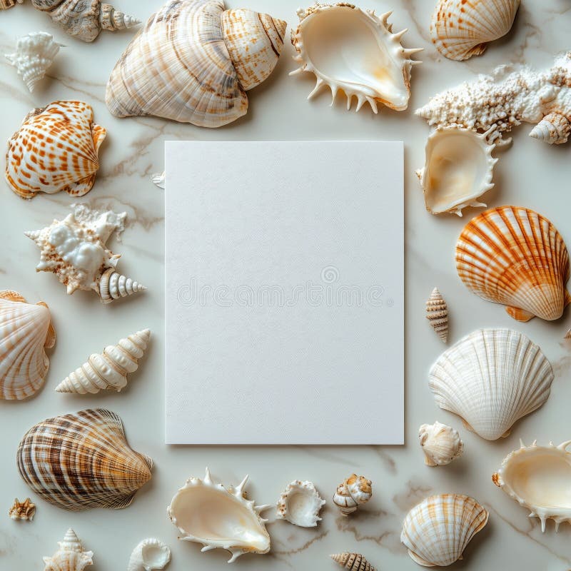 Creative Workspace with Blank Paper Surrounded by Various Seashells on ...