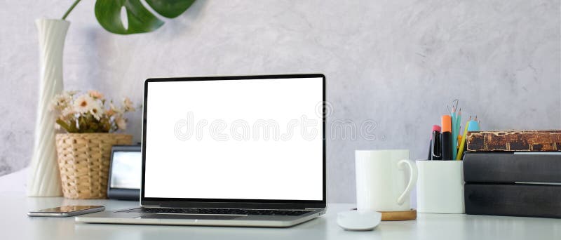 Creative Workspace with Blank Screen on White Table Stock Image - Image ...