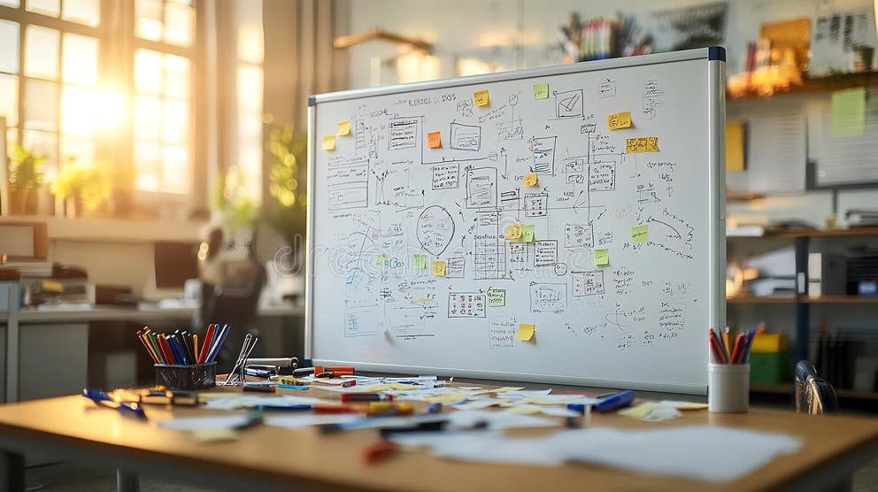 Creative Workspace with Brainstorming Notes on a Whiteboard and ...