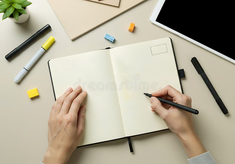 Creative Workspace with Bullet Journal and Colorful Handwritten Notes ...