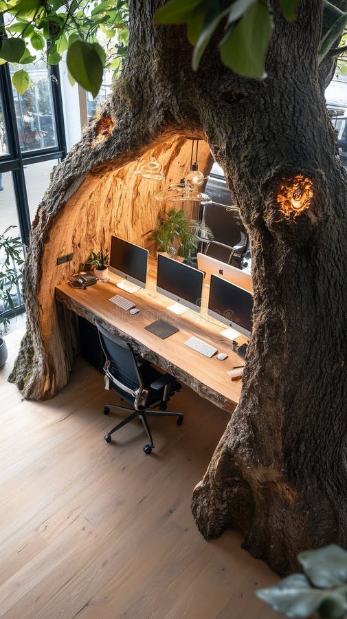A Creative Workspace is Carved into a Large Tree Trunk, Featuring a ...