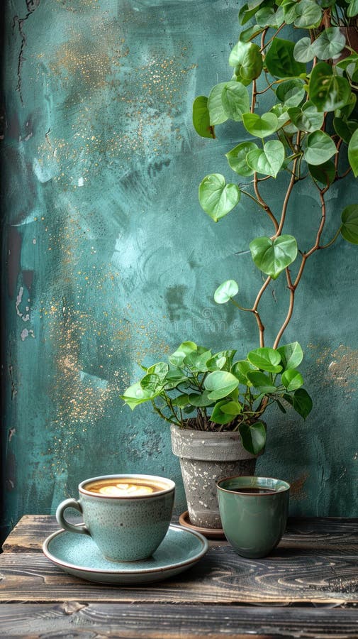 A Creative Workspace with a Coffee Cup and Greenery on a Gray Desk in ...