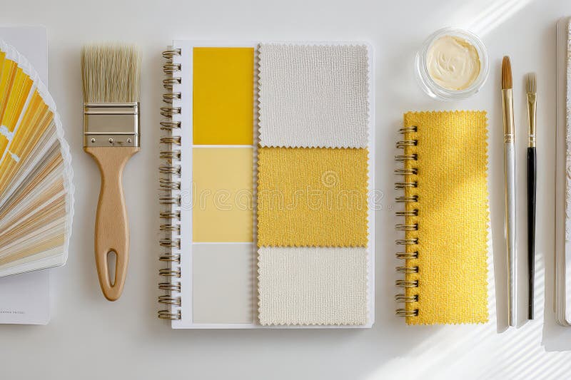 Creative Workspace with Color Swatches, Notebooks, and Brushes Stock ...