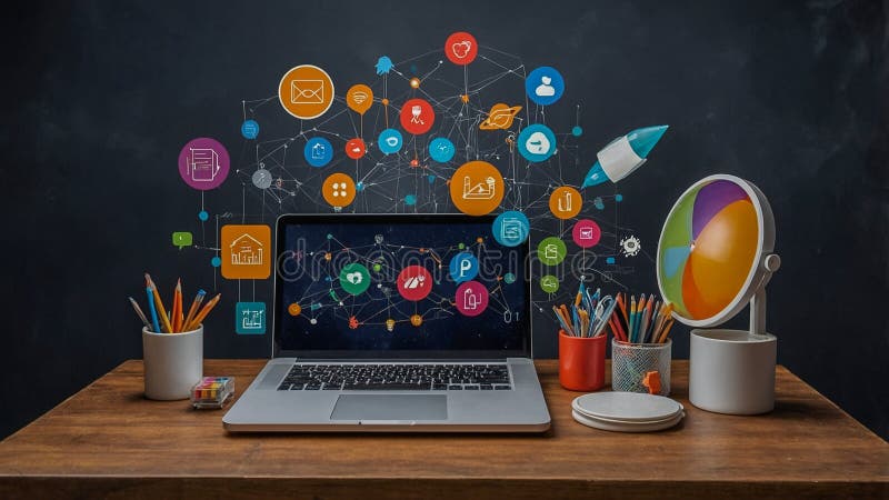 Creative Workspace with Colorful Digital Icons Display Stock ...