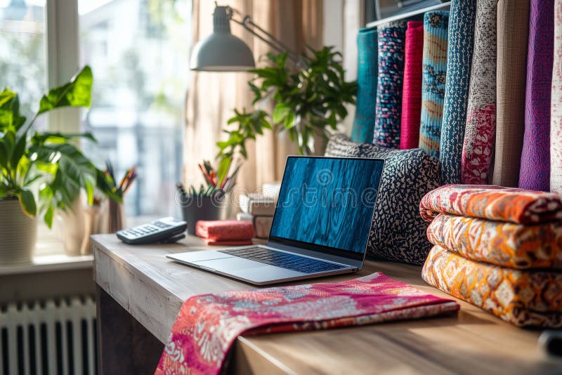 Creative Workspace with Colorful Textiles Stock Illustration ...