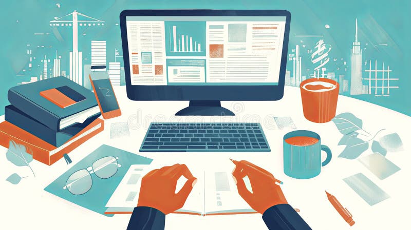 Creative Workspace with Computer, Books, and Coffee for Study Stock ...