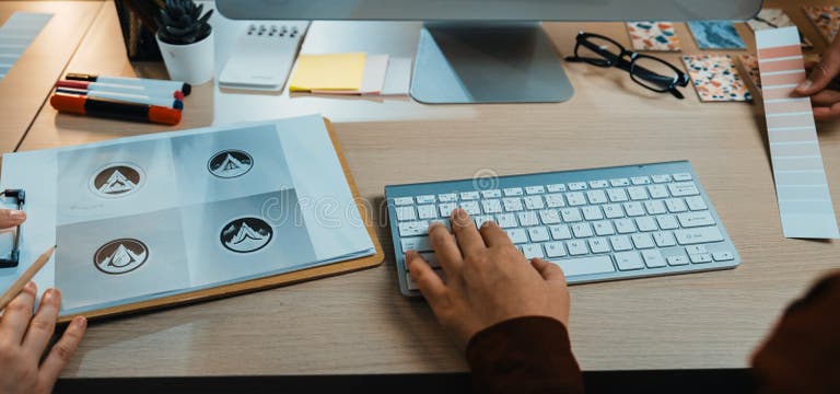 Creative Workspace with Computer, Design Tools, Color Swatches, and ...