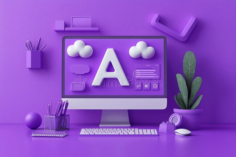 Creative Workspace with Computer and Purple Theme Design Elements Stock ...