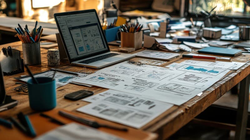 Creative Workspace with Design Plans and Technology Office Environment ...