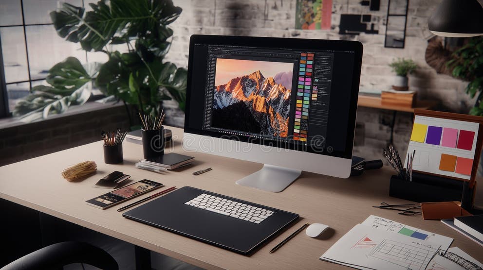 Creative Workspace with Digital Art on a Desktop Computer Screen. Stock ...