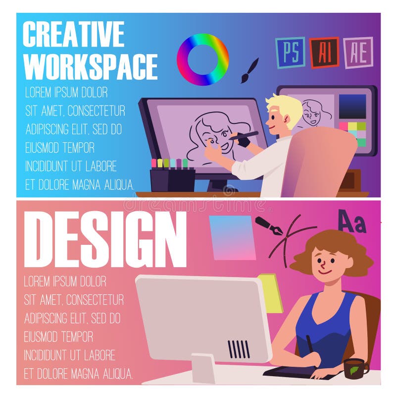 Creative Workspace for Digital Artists and Designers, Flat Vector ...