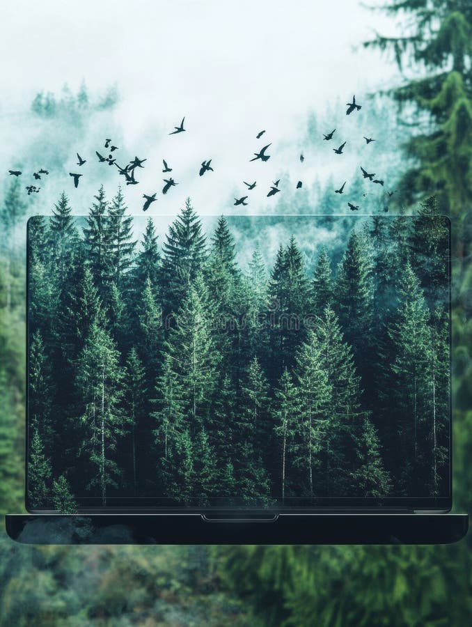 Creative Workspace with Digital Nature Artwork Featuring Pine Trees and ...