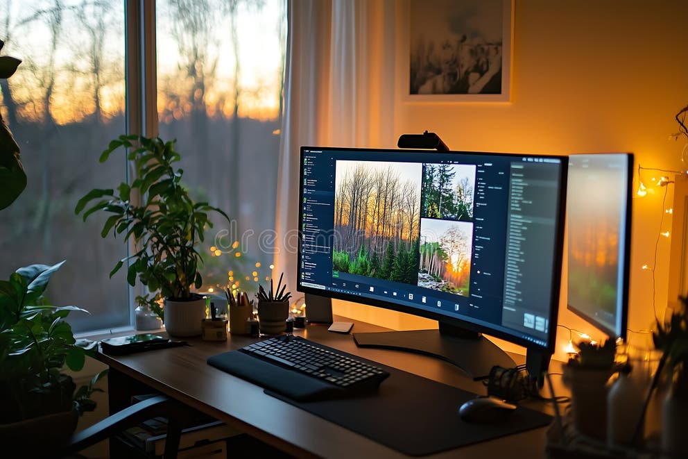 Creative Workspace with Dual Monitors at Sunset Stock Illustration ...
