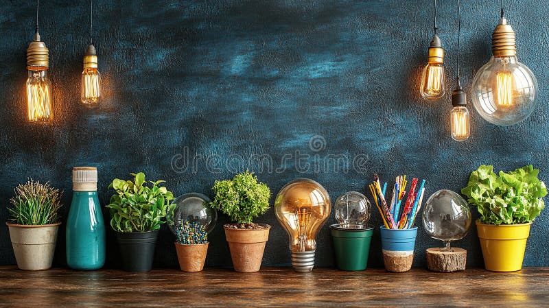 Creative Workspace with Edison Bulbs and Plants Stock Illustration ...