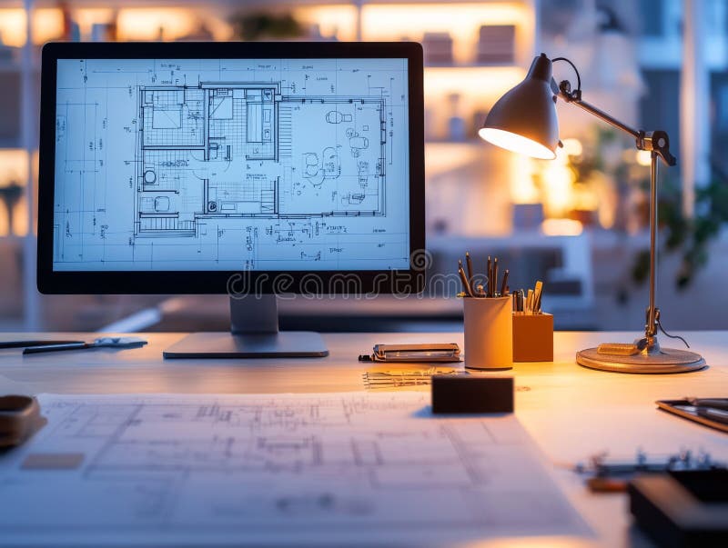 Creative Workspace Featuring Architectural Plans and Warm Ambient ...