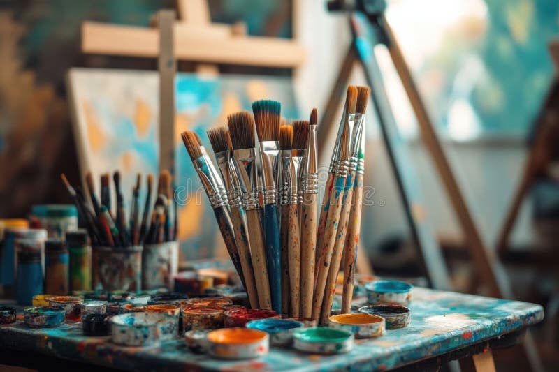 Creative Workspace Featuring Artist Brushes and Colorful Paints with ...
