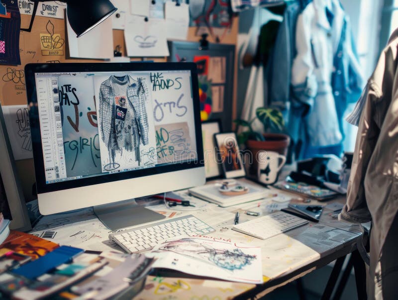 Creative Workspace Featuring a Cluttered Desk and Computer Displaying ...