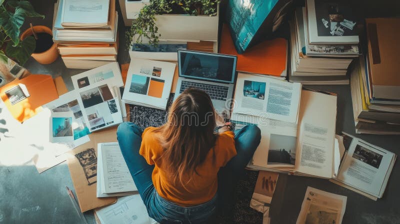 Creative Workspace Featuring Collage of Documents and Research ...