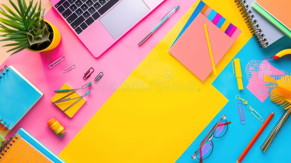 Creative Workspace Featuring a Colorful Desk Setup Stock Illustration - Illustration of tools ...