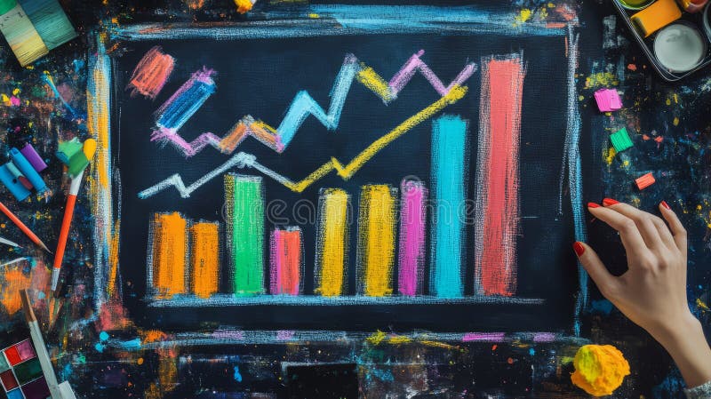 Creative Workspace Featuring Colorful Graphs and Charts on Blackboard ...