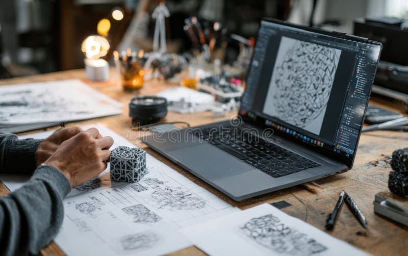 Creative Workspace Featuring Design Sketches and 3D Model Development ...