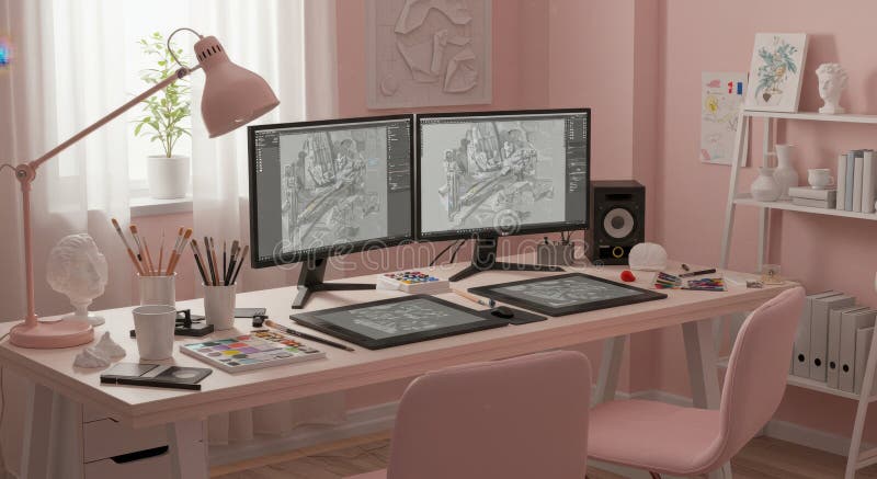Creative Workspace Featuring Dual Monitors with Digital Art Tools and ...