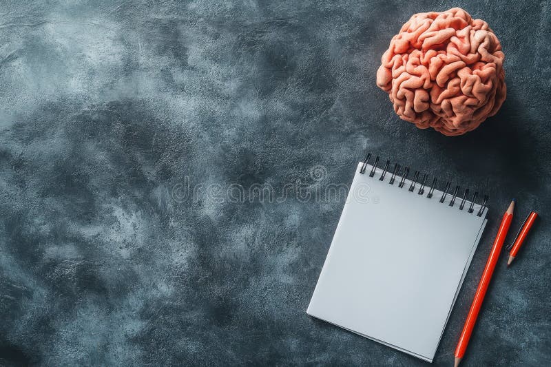 Creative Workspace Featuring a Human Brain Model, Blank Notepad, and ...